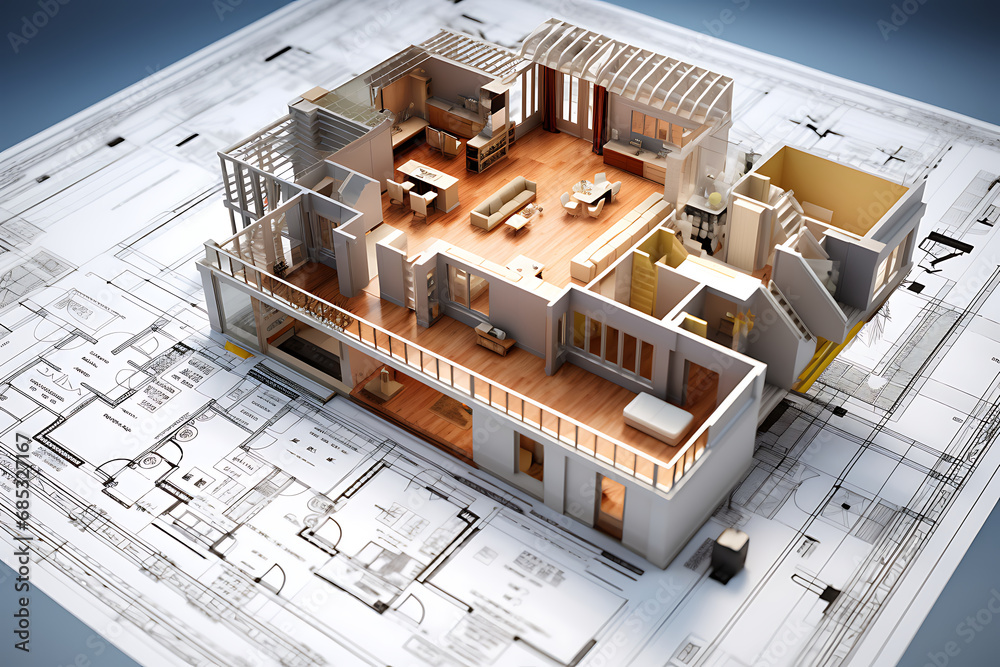 Ein Bauplan von einem Haus auf dem sich in der Mitte ein Modell des ...