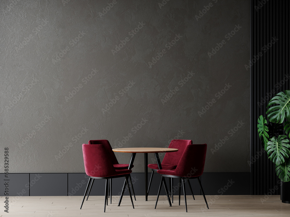 Meeting area or diningroom with round table and megenta burgundy maroon ...