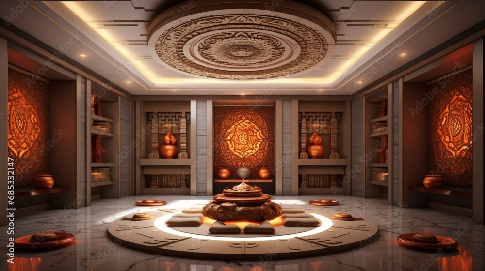A mesmerizing false ceiling in a pooja room, reflecting the fusion of ...
