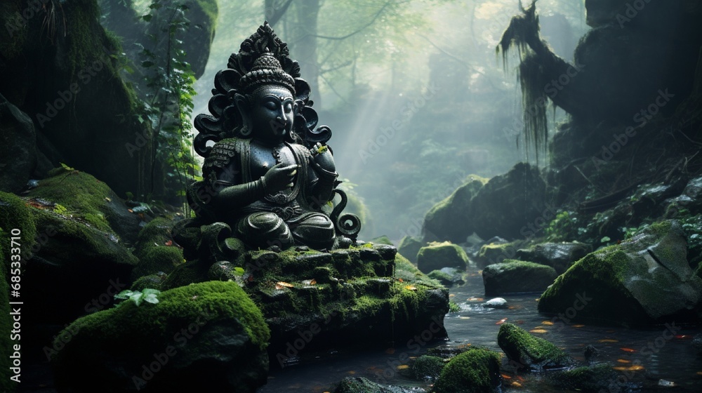 A mystical forest clearing with a hidden Ganesh sculpture among ancient ...