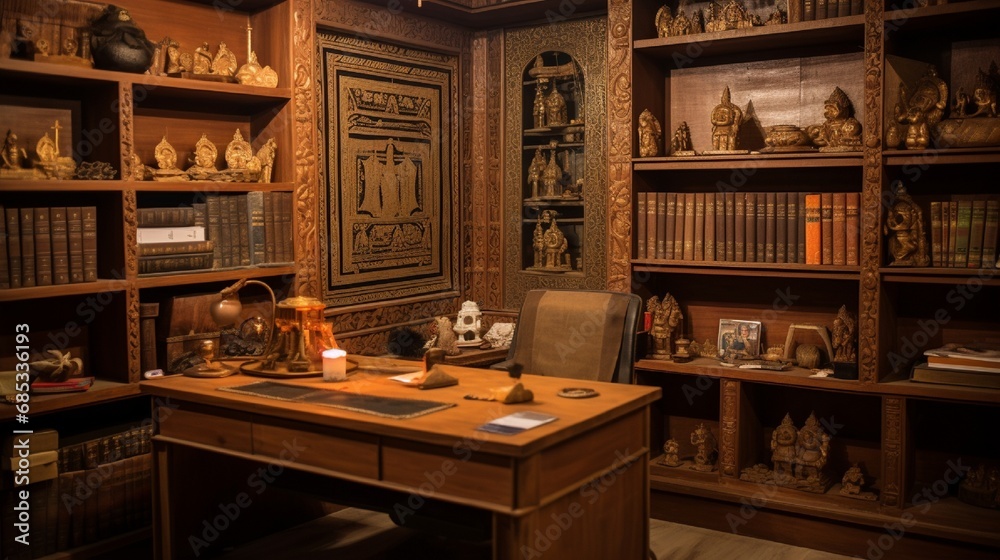 Foto de A peaceful study room with shelves filled with sacred texts and ...