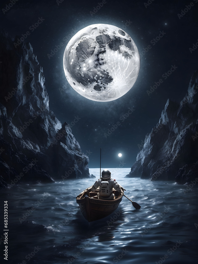 Fantasy night scene with a boat in the sea and full moon, moon ...