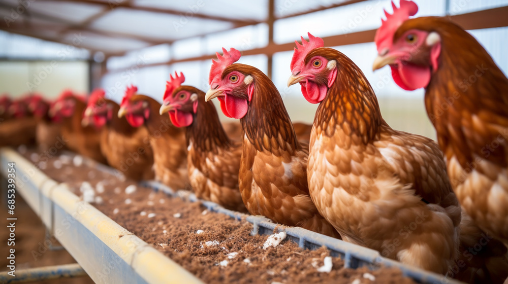 hen lays eggs at a chicken coop in a group of chickens at a bio farm ...