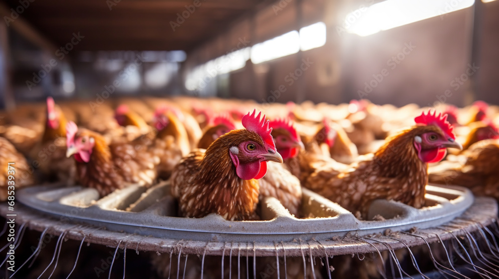 hen lays eggs at a chicken coop in a group of chickens at a bio farm ...