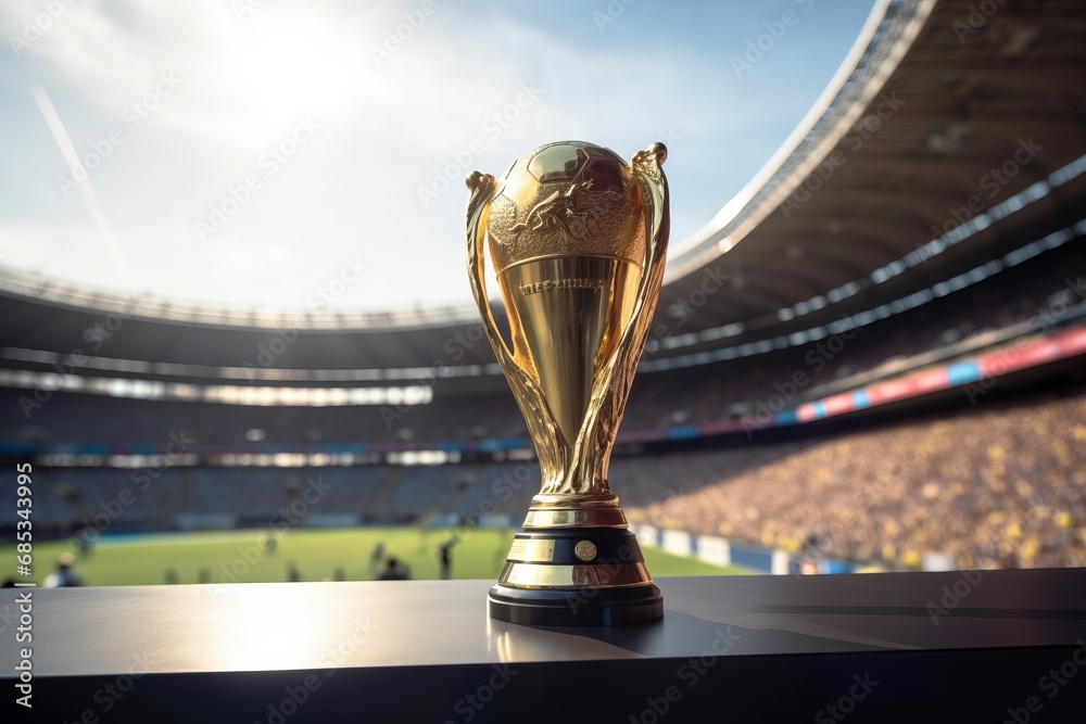 Golden winner sport trophy on football or soccer field stadium, an ...
