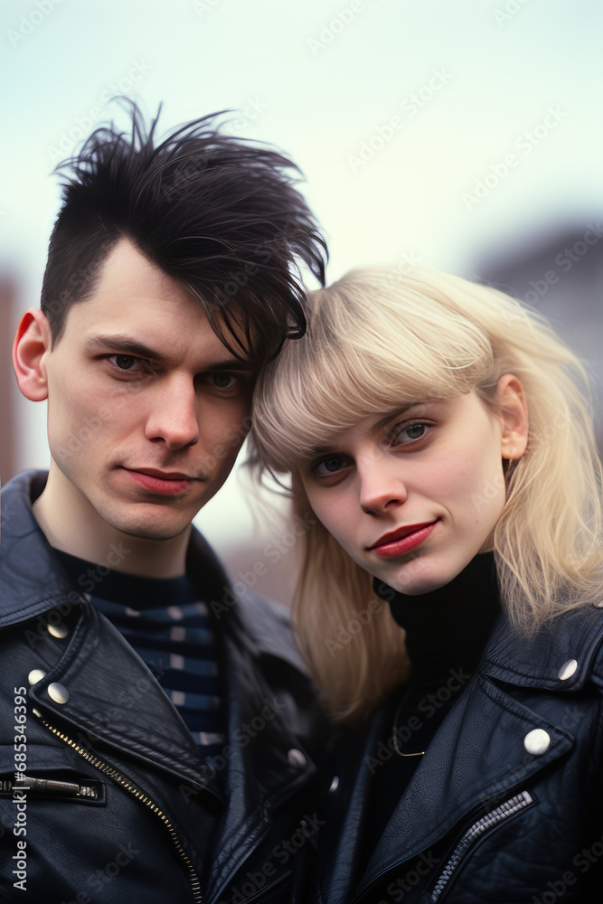 Vintage retro portrait of punk couple from the 80s, walking on the city ...