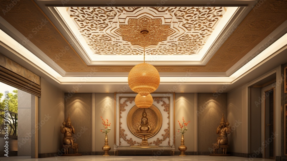 An exquisitely designed traditional false ceiling in a pooja room ...