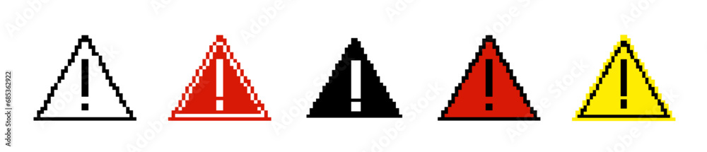 8 bit caution triangle road sign icon. Pixel error retro banner ...