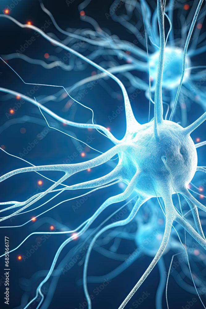 3D illustration of neuron cell on blue background with light effects ...