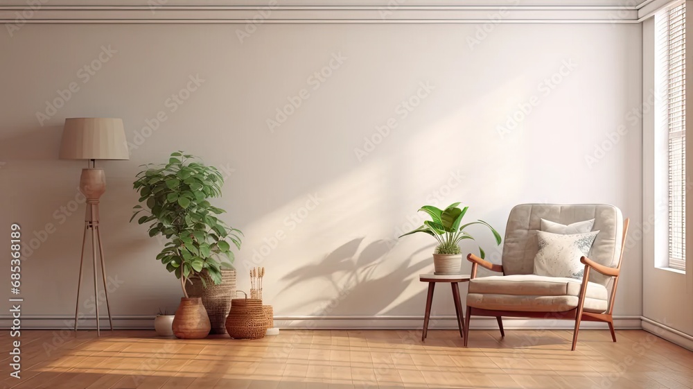 a home interior with a white classic wall background, brown parquet ...