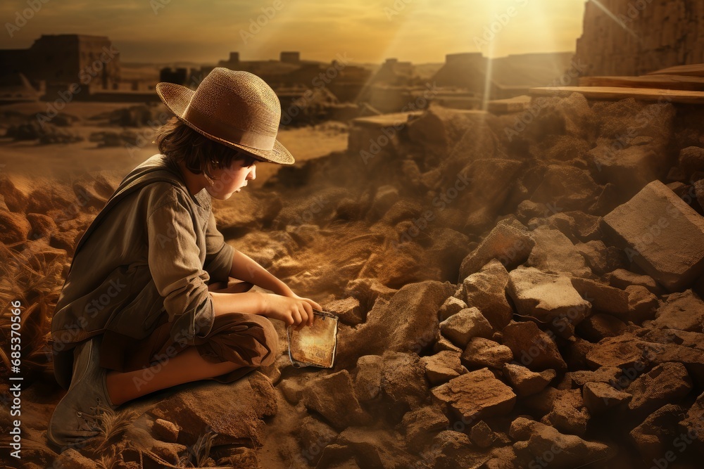 Adventurous Archaeologist child boy. Historic old stone. Generate Ai ...