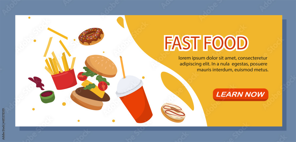 Fast food banner. Landing page design. Hamburger and french fries ...