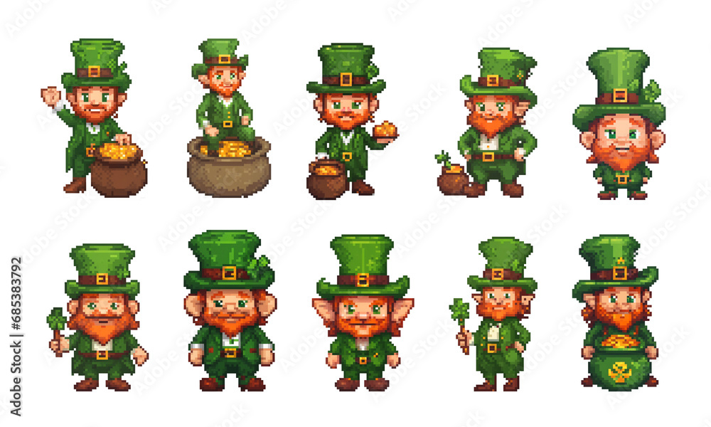 Set of fairy leprechauns with a pots of golden coins in pixel art style ...