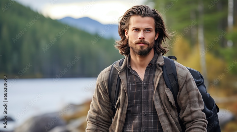 Scandinavian man with tousled brown hair, well-groomed beard, intense ...