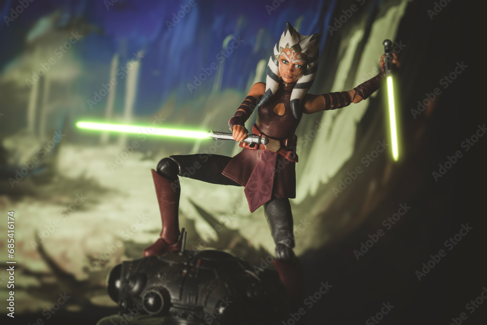 NEW YORK, USA - DECEMBER 5 2023: Star Wars the Clone Wars Jedi padawan ... NEW YORK, USA - DECEMBER 5 2023: Star Wars the Clone Wars Jedi padawan ...