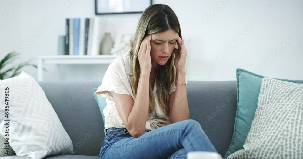 Vidéo Stock Frustrated woman, headache and stress on sofa in depression ...
