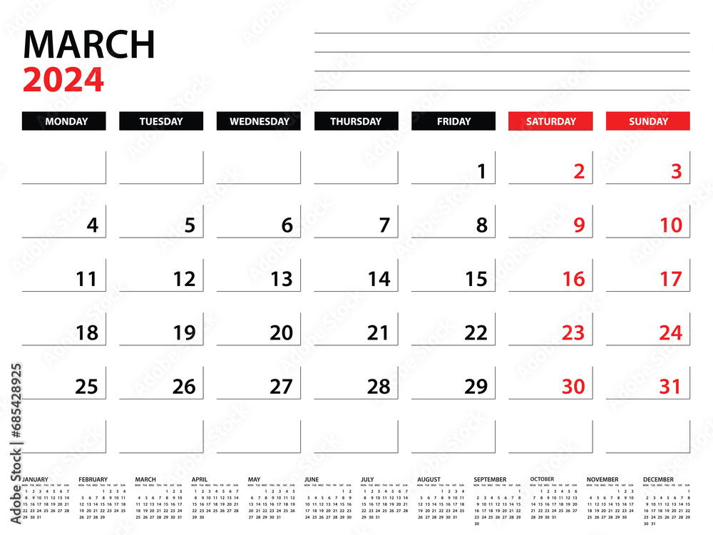 March 2024 year planner template, calendar 2024 template, monthly and ...