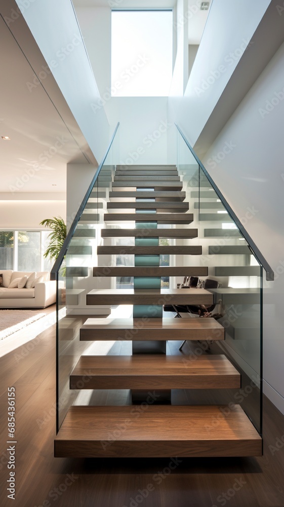 A modern floating staircase with transparent glass steps and brushed ...