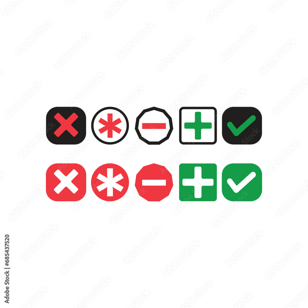 Check mark, cross, plus, minus validation button on white background. 1 ...