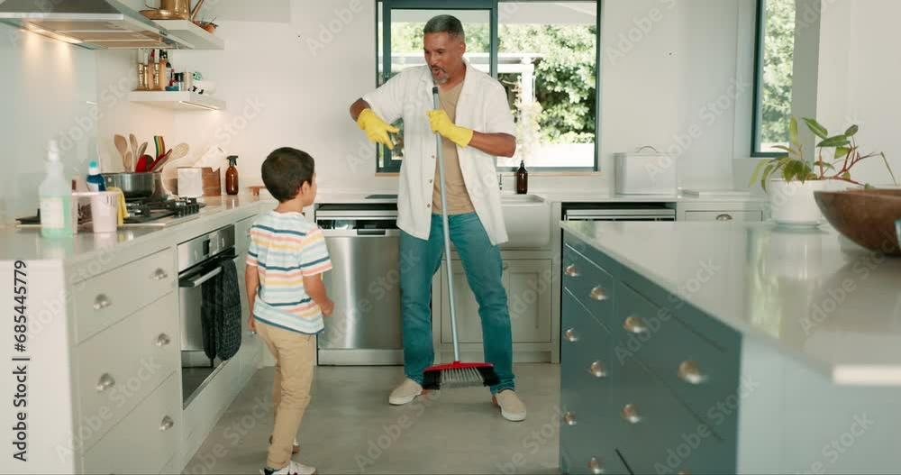 Cleaning, dad and child dance in the kitchen with a broom, sweeping and ...