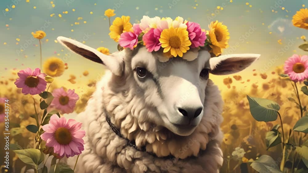 Closeup animation of a playful sheep wearing a flower crown, prancing ...