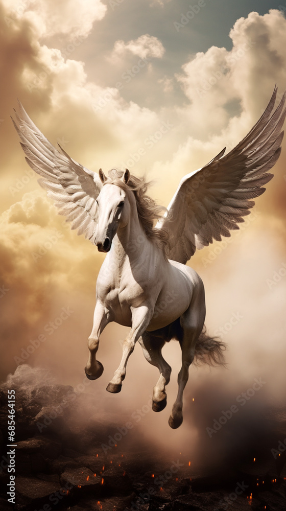 Pegasus From Greek Mythology, Realistic Pegasus Flying in the Sky Stock Illustration | Adobe Stock