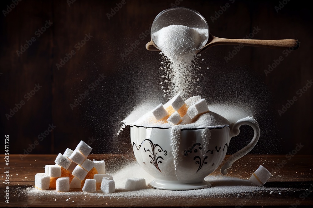 Overflowing sugar bowl, brimming with an excess of sugar cubes and ...