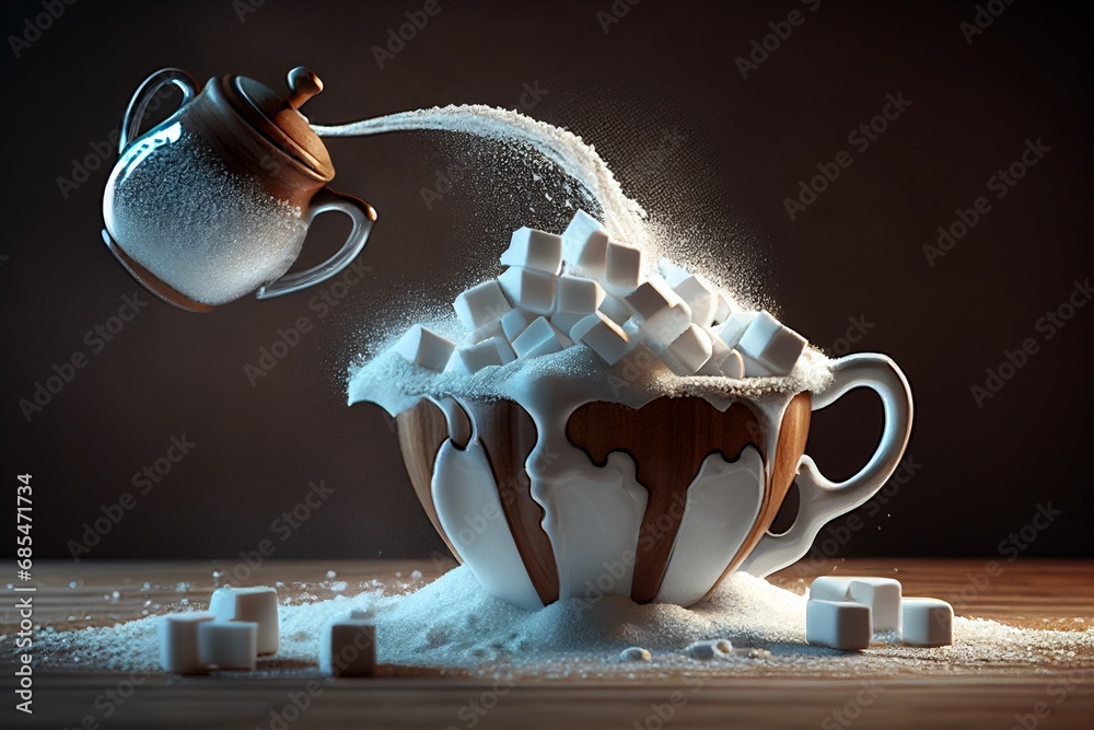 Overflowing sugar bowl, brimming with an excess of sugar cubes and ...