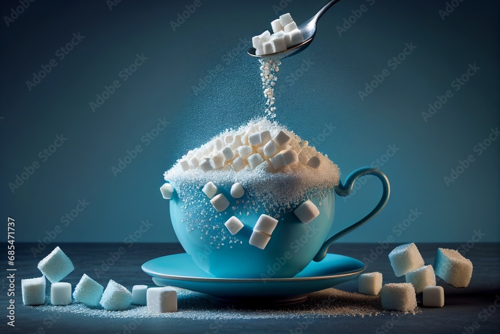 Overflowing sugar bowl, brimming with an excess of sugar cubes and ...