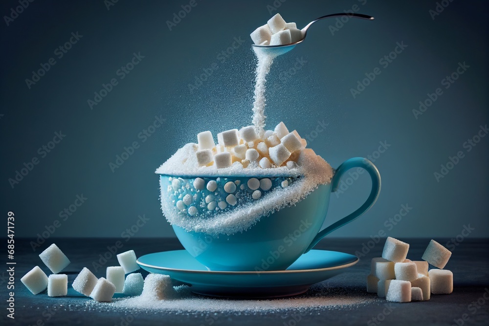 Overflowing sugar bowl, brimming with an excess of sugar cubes and ...