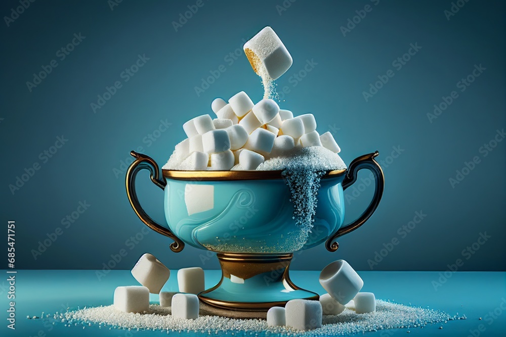 Overflowing sugar bowl, brimming with an excess of sugar cubes and ...