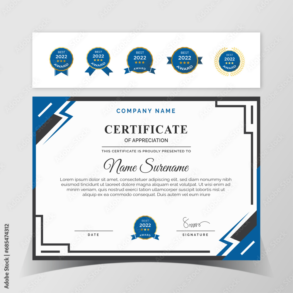 Certificate of appreciation template, blue and black color. Clean ...