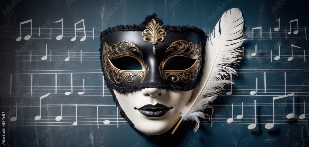 a masquerade mask with musical notes and a feather on a blue background ...