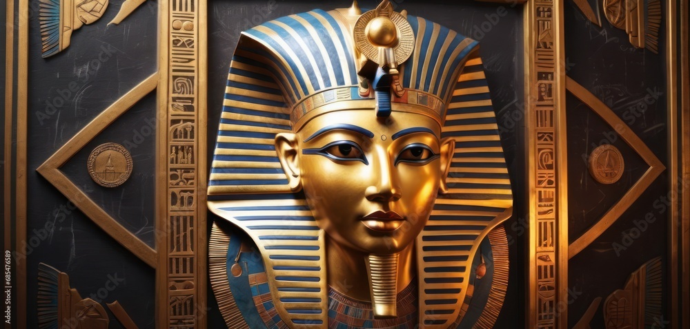 a golden statue of an egyptian pharaoh in a gold frame on a black ...