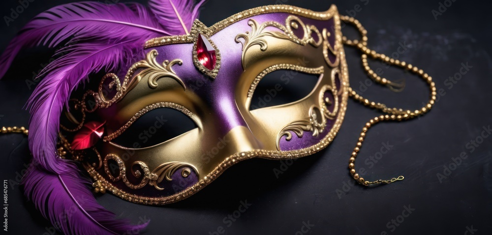 a purple and gold masquerade mask with a purple feather on a black ...