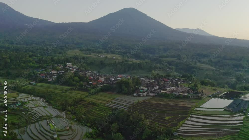 The drone camera is moving forward where the surrounding Bali Rice ...