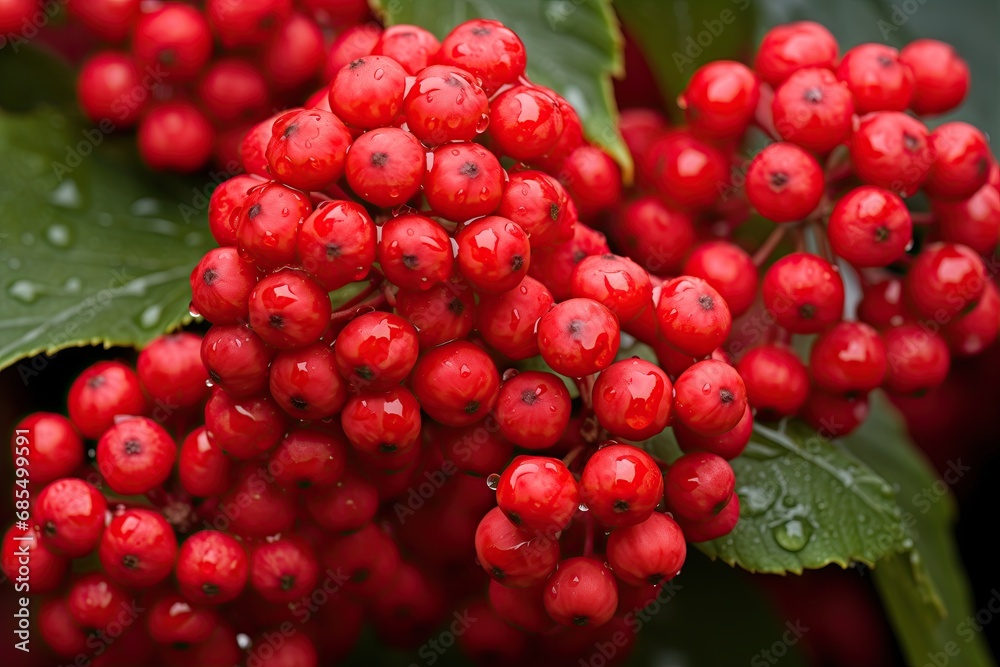 Red viburnum. Closeup of red edible berries. A bunch, cluster of ...