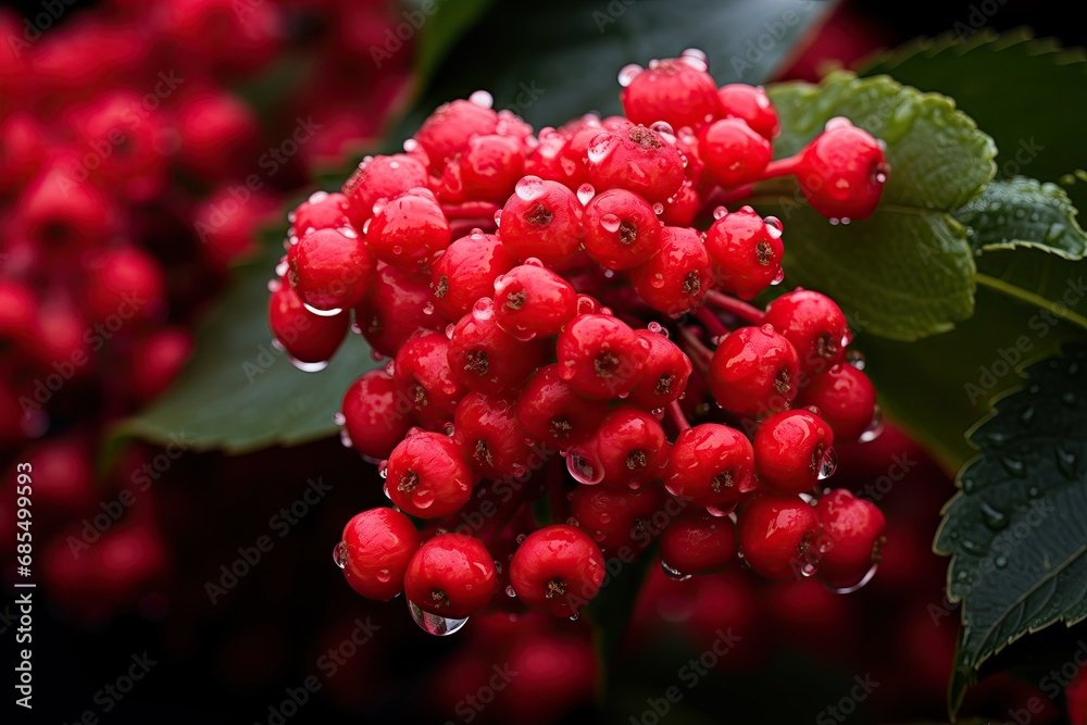 Red viburnum. Closeup of red edible berries. A bunch, cluster of ...