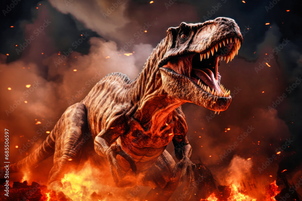 Tyrannosaurus T-rex ,dinosaur on smoke and fire background. Global ...