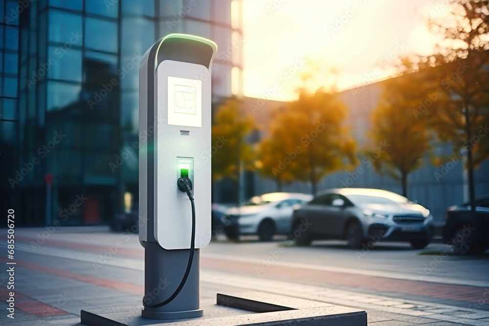 Fast charging stations for electric vehicles on a city street. Charging ...