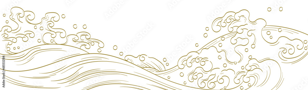 Japanese background with hand drawn line wave element vector. Oriental ...
