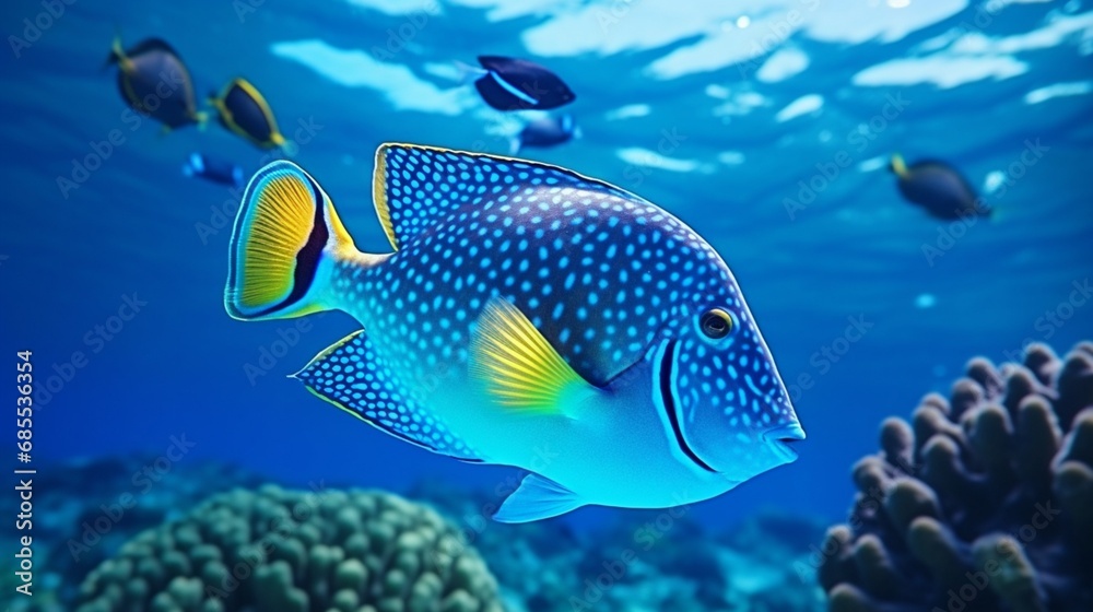 A magnificent Blue Jaw Triggerfish (Xanthichthys auromarginatus) framed ...