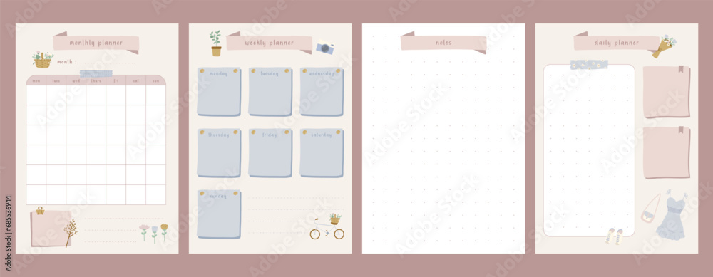 Set of printable daily, weekly, monthly and notes taking planner ...