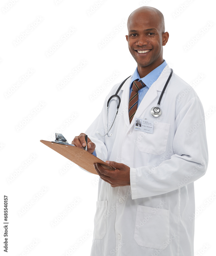 Clipboard, portrait smile and black man, doctor or surgeon writing ...