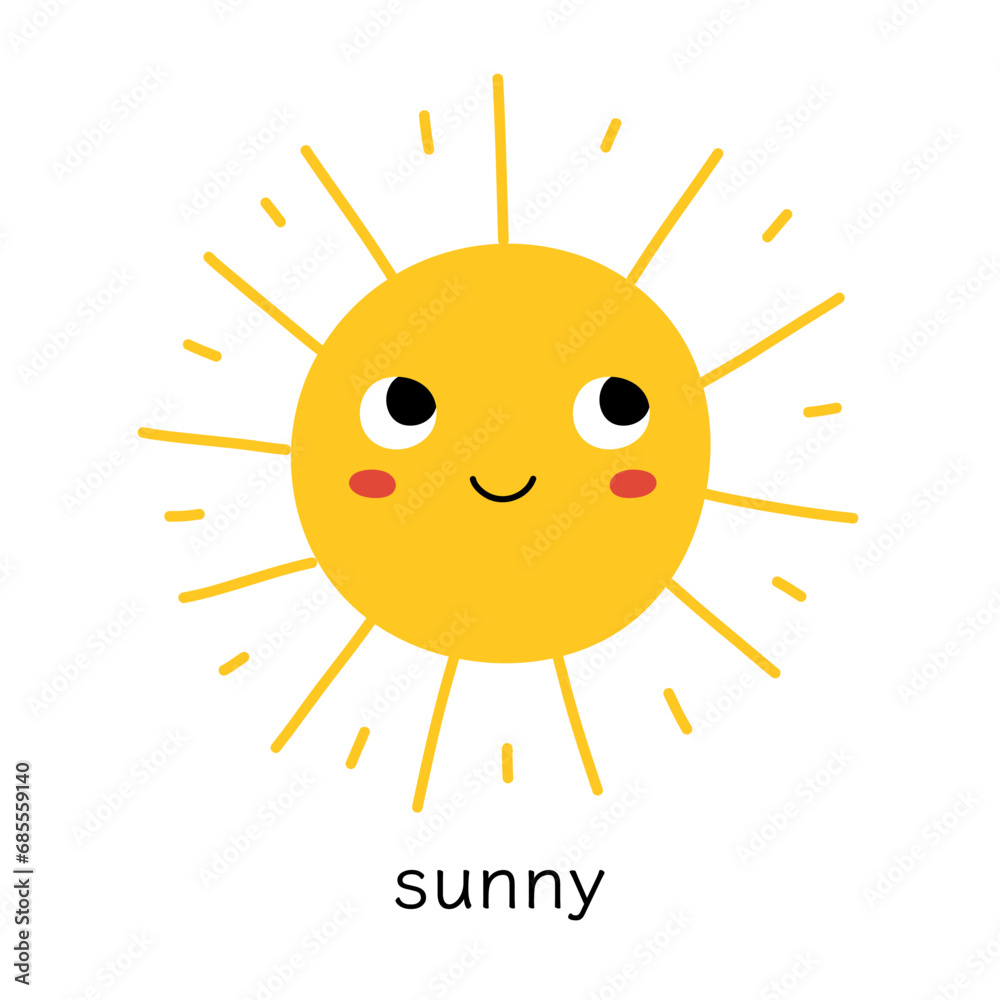 Weather flashcard for kids with cute sun. Sunny weather clipart in ...