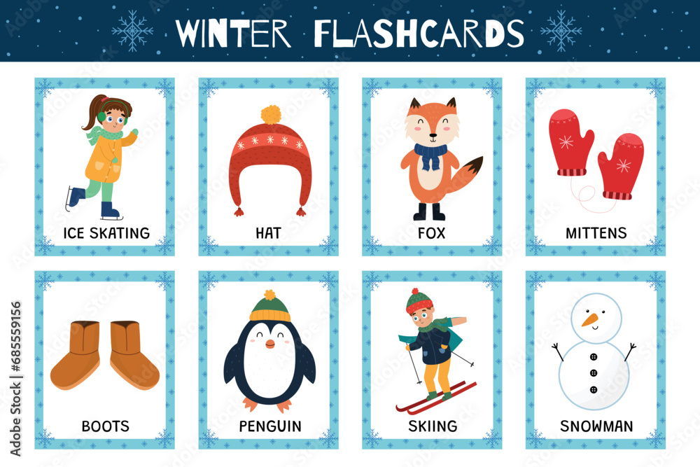 Winter flashcards collection for kids. Flash cards set with cute ...