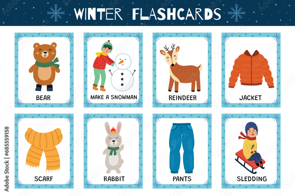 Winter flashcards collection for kids. Flash cards set with cute ...