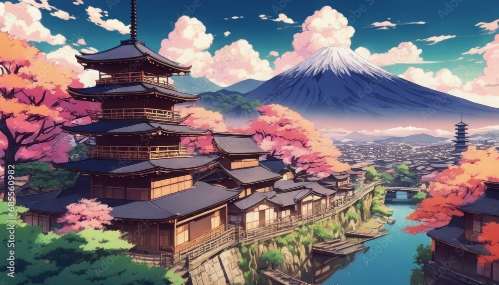 Retro color of A Beautiful Fantasy Anime Kyoto Traditional Temple House ...
