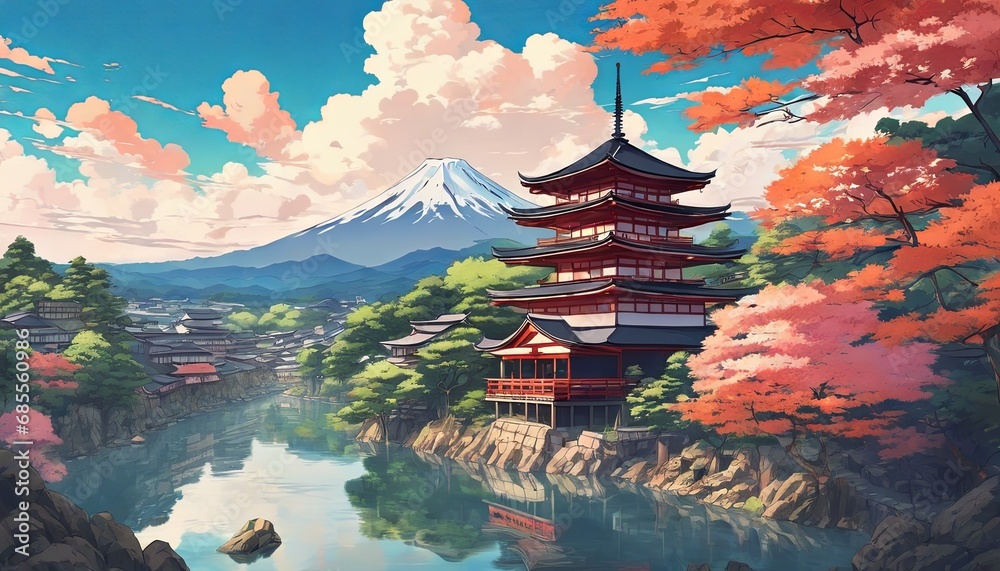 Retro color of A Beautiful Fantasy Anime Kyoto Traditional Temple House ...