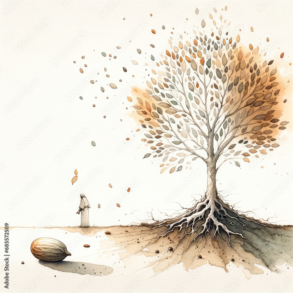 The mustard seed. Watercolor illustration of a man under the big tree ...
